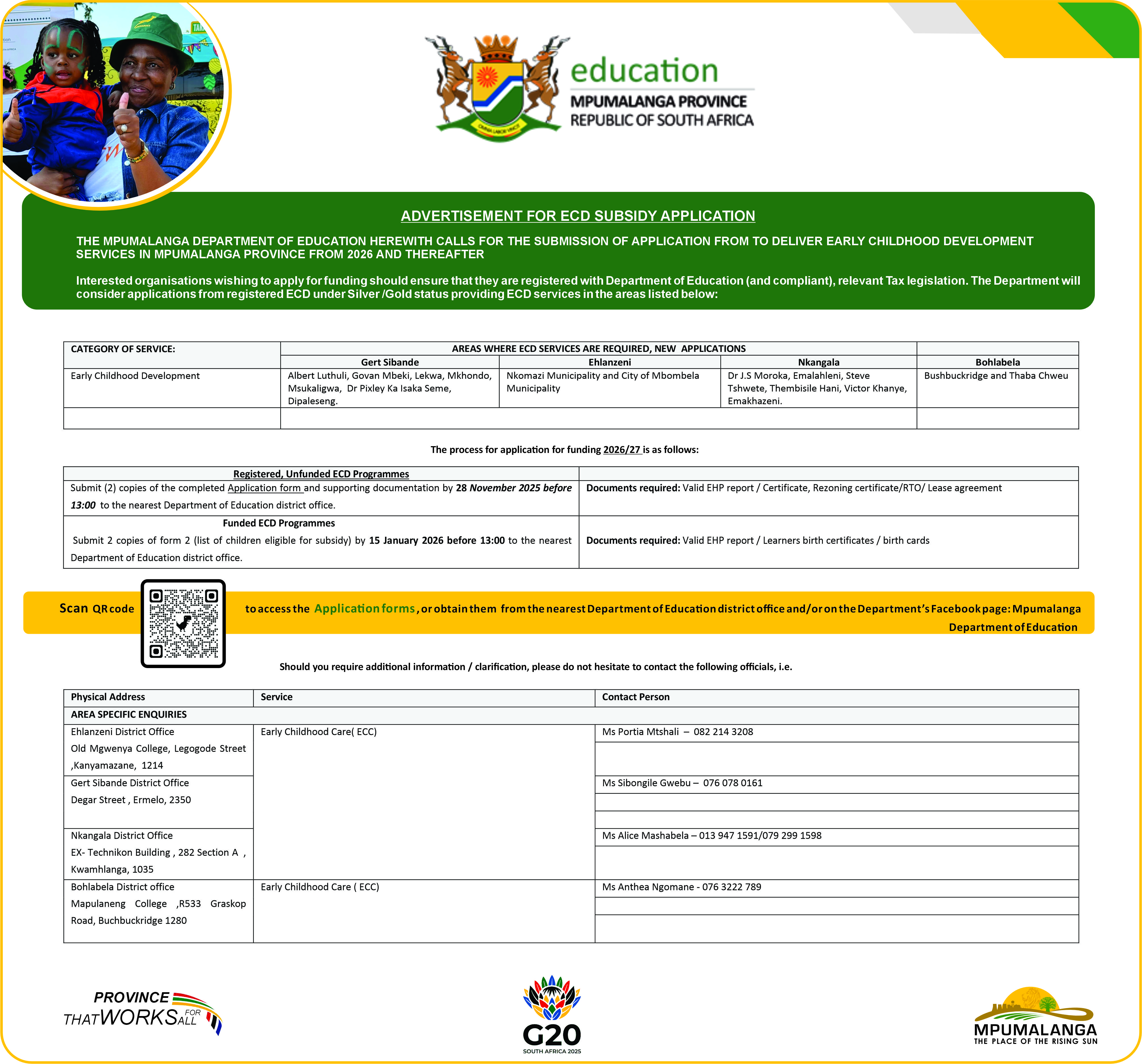 2026/27 Early Childhood Development Subsidy Application Advert
